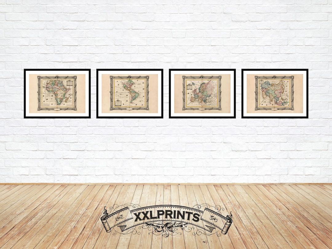 Antique Set of 4 Beautiful Maps, Africa, Americas, Europe and Asia ...