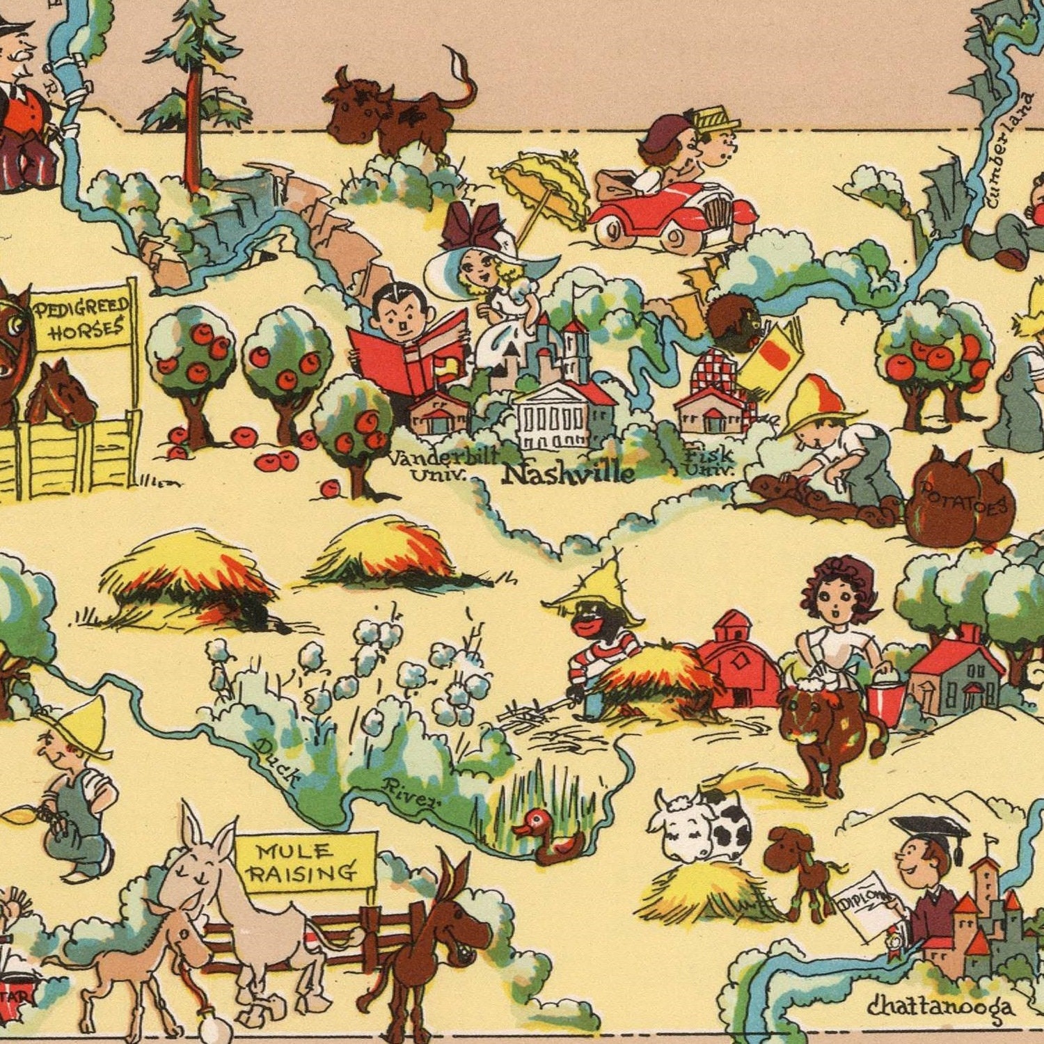 1935 Cartoon Map of Tennessee Pictorial Map Fine - Etsy