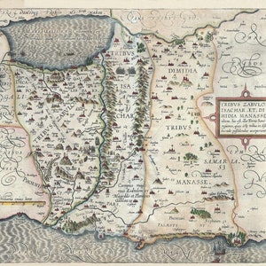 Ancient Israel Map Print: 12 Tribes, Zebulun, Issachar, Manasseh, 1590 ...