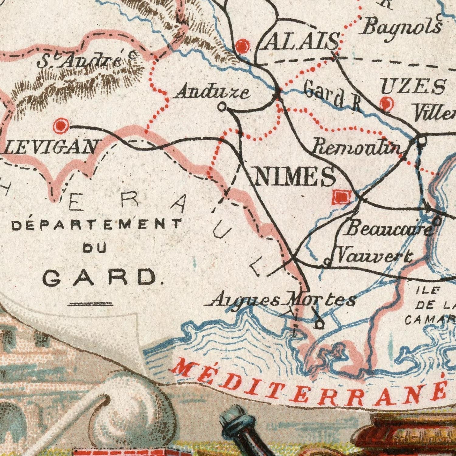 Vintage Map Print: Department Du Gard, France - Fine Art Reproduction ...