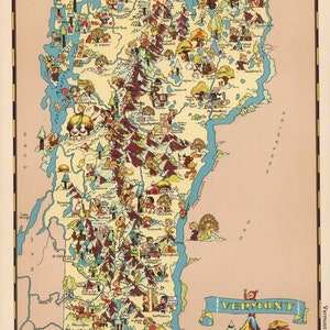 1935 Cartoon Map of Vermont, Pictorial Map, Fine Reproduction, Large ...