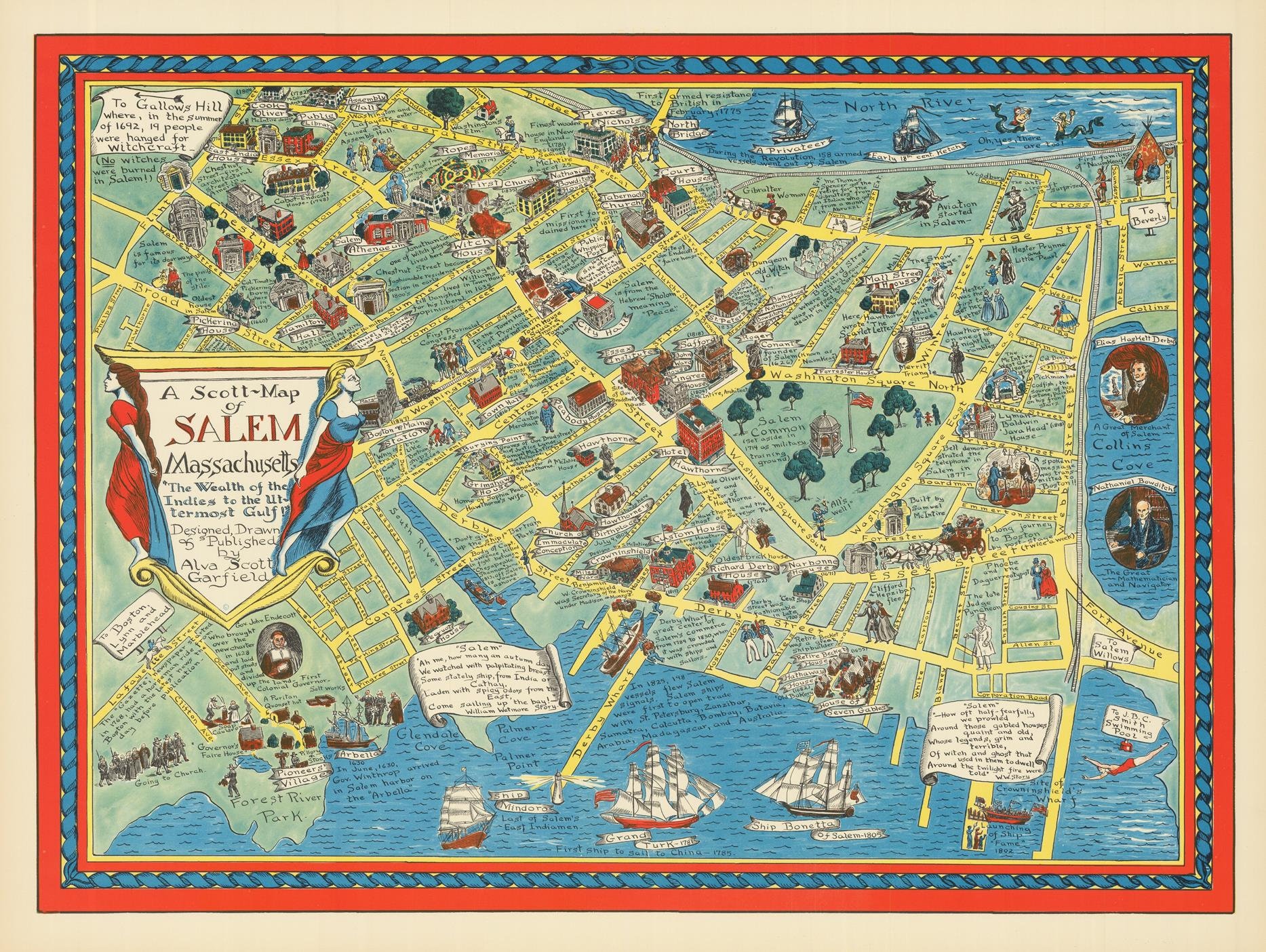 Salem Massachusetts Map Print: 1950s Pictorial Fine Art Reproduction - Etsy
