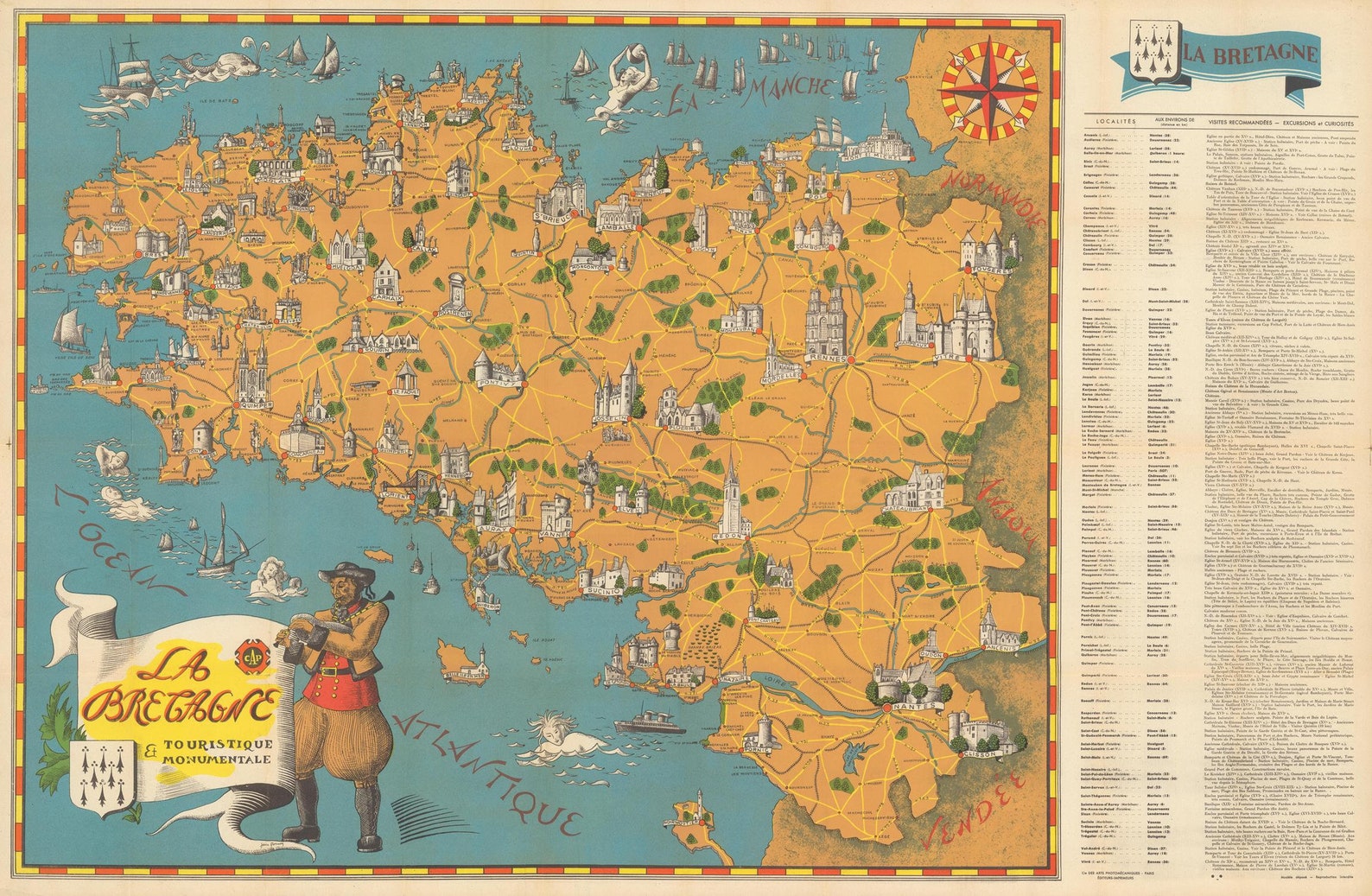 Brittany France Map Print: 1950s Vintage Pictorial Tourist Map - Etsy