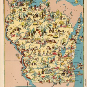 1935 Wisconsin Cartoon Map Print: Vintage Pictorial Art - Etsy
