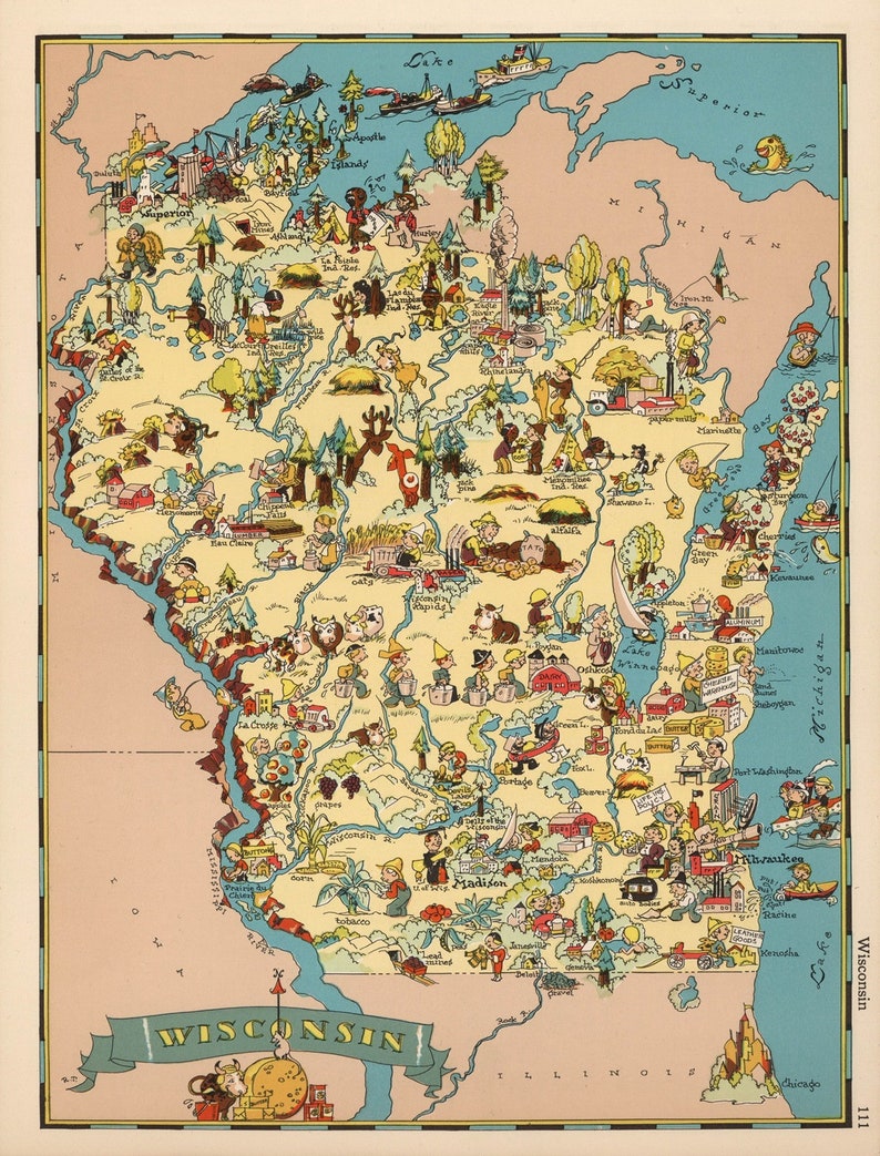 1935 Wisconsin Cartoon Map Print: Vintage Pictorial Art - Etsy