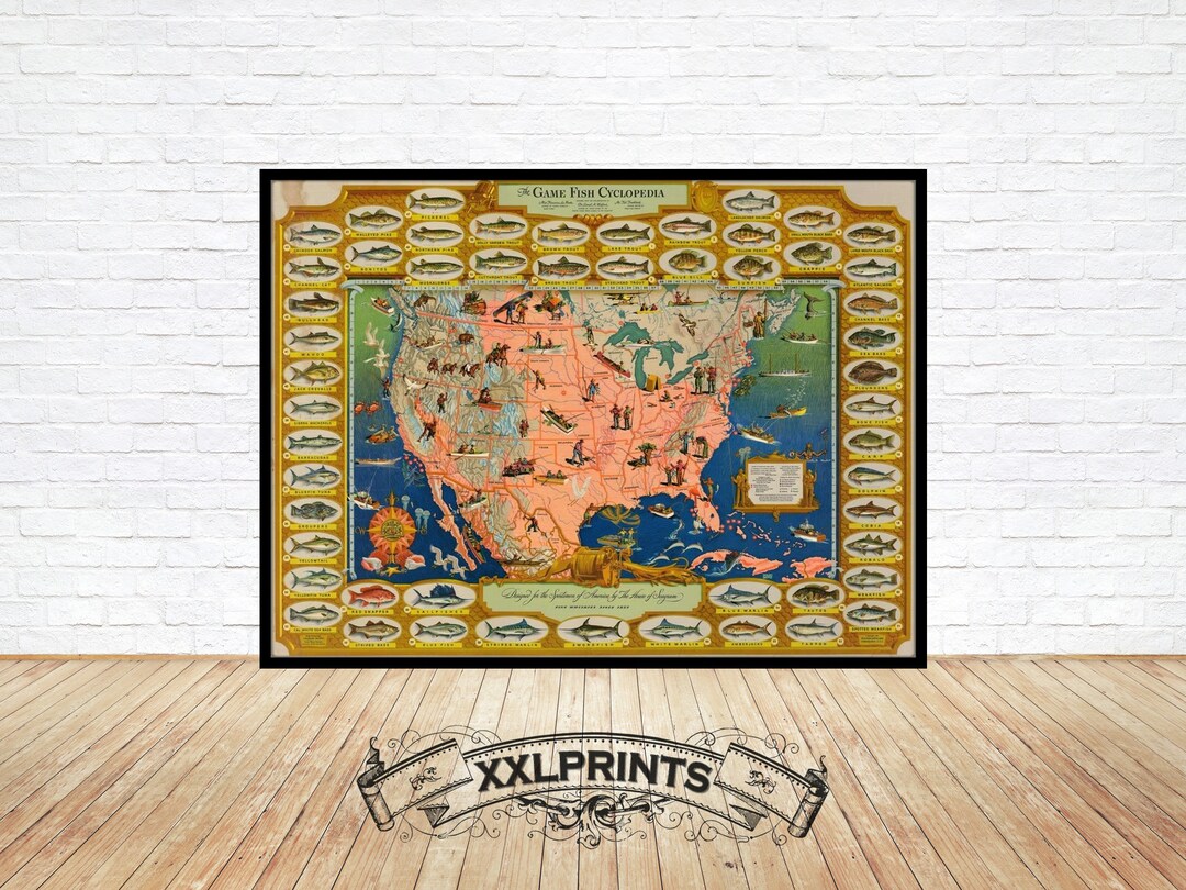 1947 Fish Angling Map of the United States: Vintage Fine Art Print - Etsy