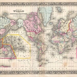 1861 World Map Print: Rare Antique Fine Art Reproduction - Etsy