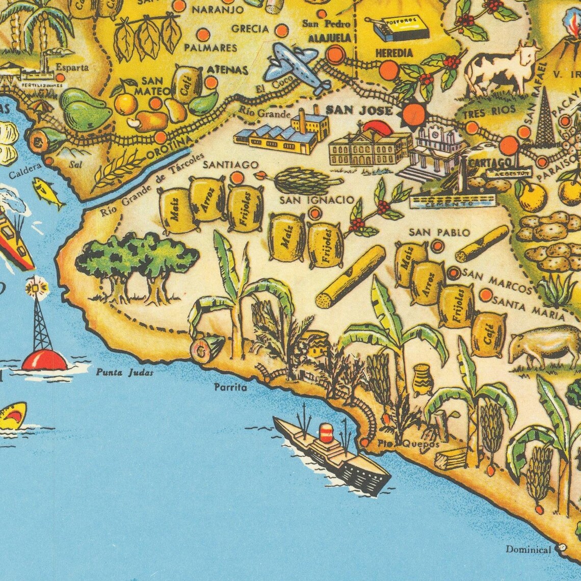 Old Pictorial Map of Costa Rica 1950 Fine Reproduction | Etsy