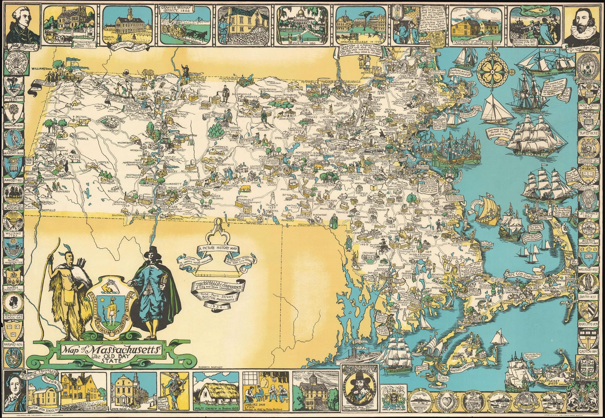 Old Pictorial Map Of Massachusetts 1930 Fine Reproduction Etsy