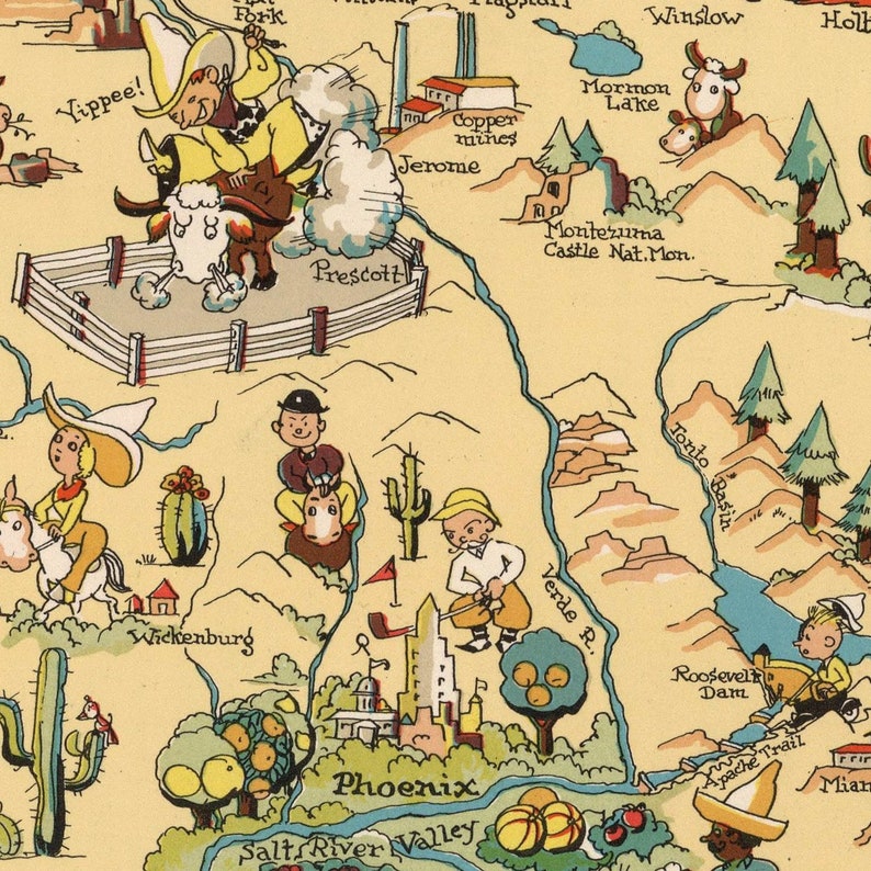 1935 Cartoon Arizona Map: Fine Art Giclée Print - Etsy