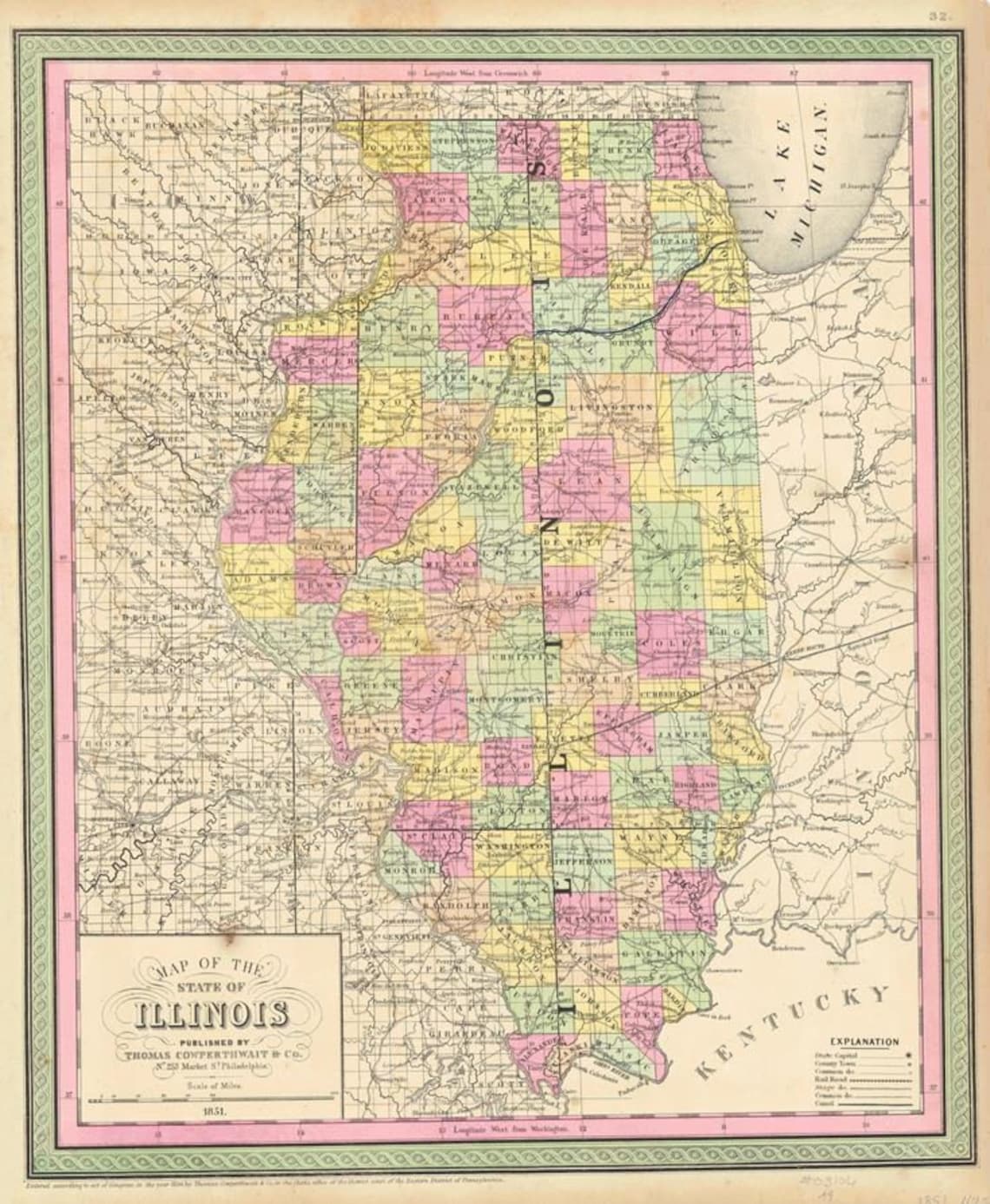 Antique Map of Illinois 1851 Huge Map Art Decovintage | Etsy