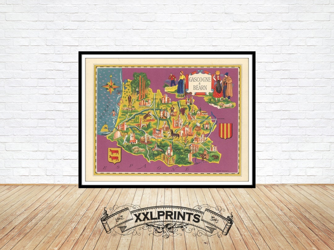 Gascony & Béarn Map Print: 1951 Provinces of France Pictorial Art - Etsy