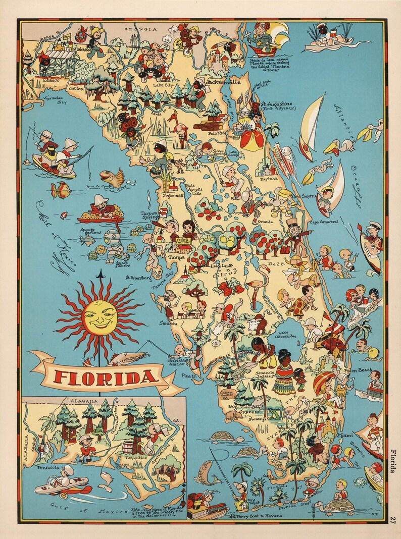 1935 Florida Cartoon Map: Pictorial Fine Art Print - Etsy