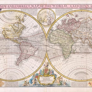 Old Map of the World, 1715, Rare Map, Ancient, Fine Reproduction, Large ...