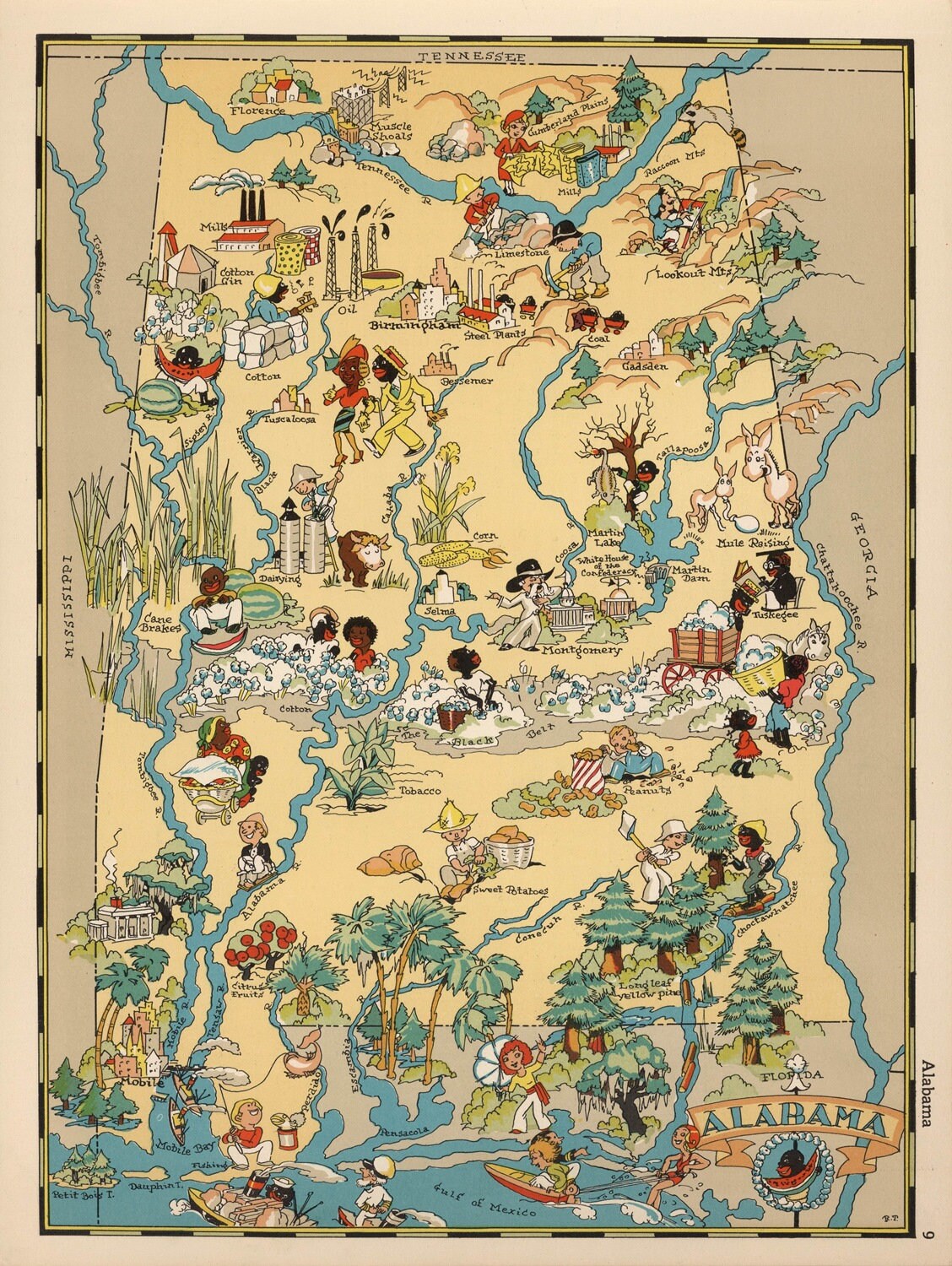 1935 Cartoon Map of Alabama Pictorial Map Fine Reproduction | Etsy