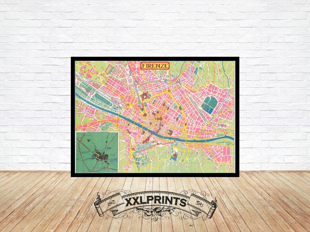 Florence City Map Print: 1960 Firenze Monuments, Fine Art Reproduction ...