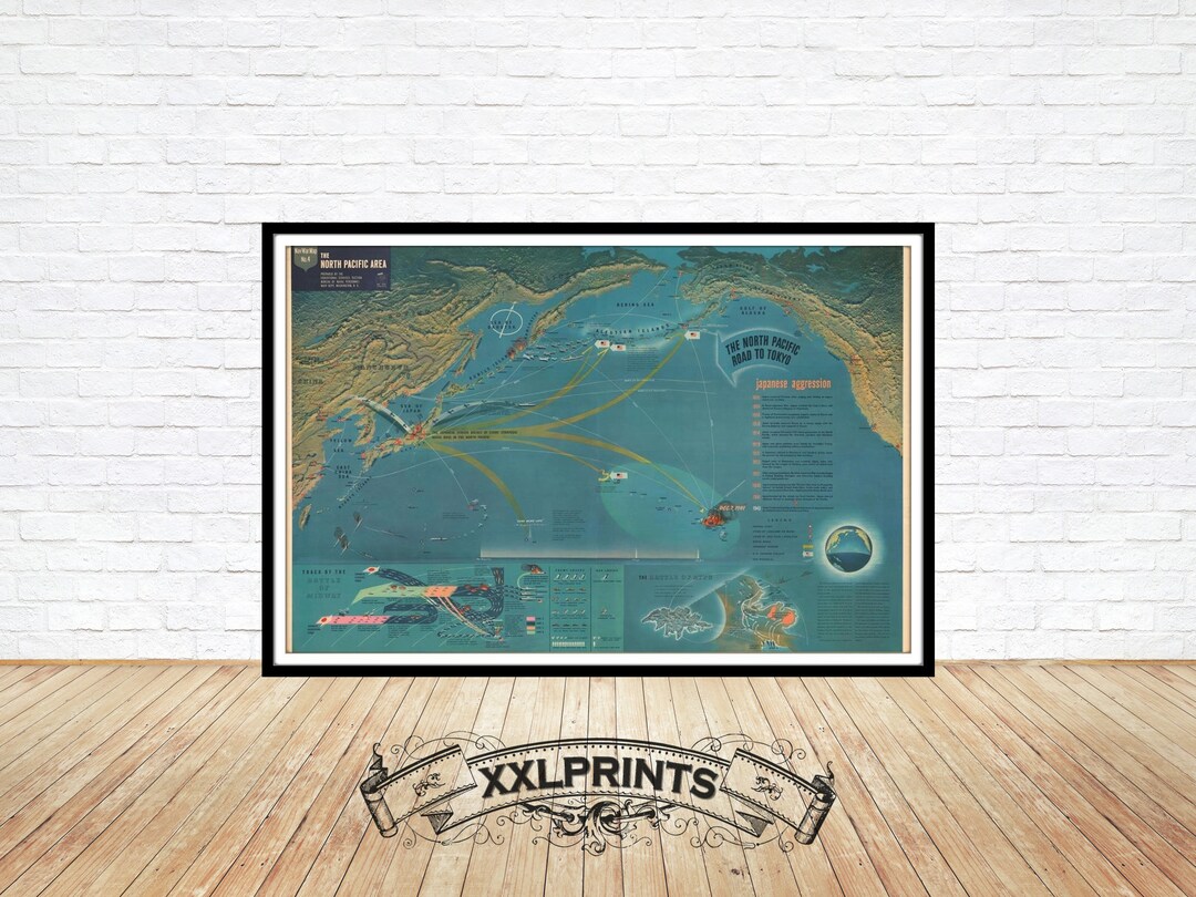 Buy WWII North Pacific Map Print: 1944 Antique Fine Art Reproduction ...