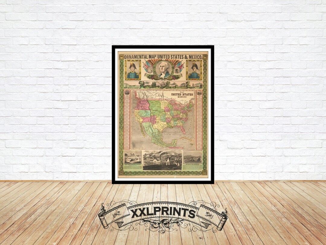 1848 United States & Mexico Map: Ornamental Fine Art Print - Etsy