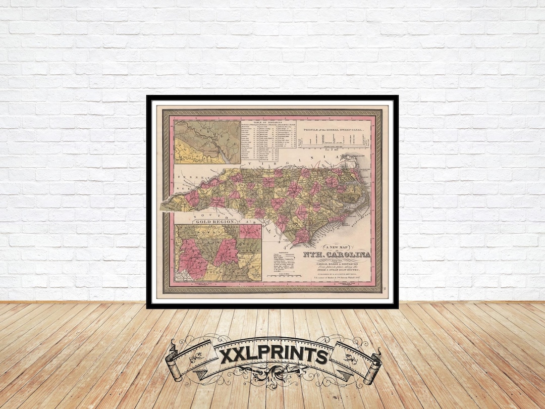 Antique North Carolina Map Print: 1847 Gold Region, Fine Art ...