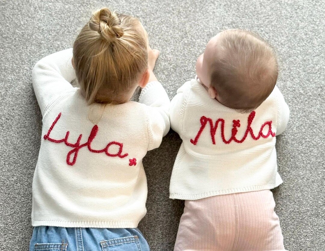 Hand Embroidered Baby Cardigan: Personalised Name, Neutral Cream Cotton ...