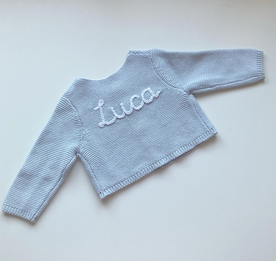Hand Embroidered Baby Cardigan: Personalised Blue Cotton Knit - Etsy UK