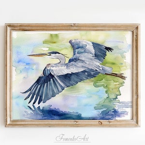Great Blue Heron Watercolor Print - Coastal Bird Wall Art for Beach ...