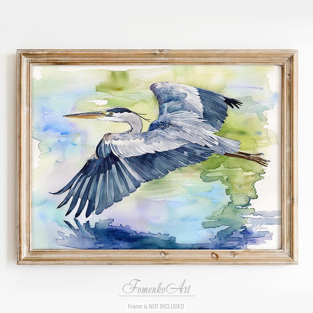 Great Blue Heron Watercolor Print - Coastal Bird Wall Art for Beach ...