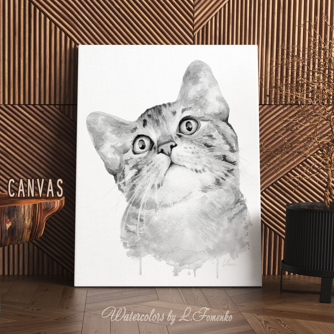 Cat Print Wall Art Tabby Cat Painting Gray Black Cat Decor Watercolor ...