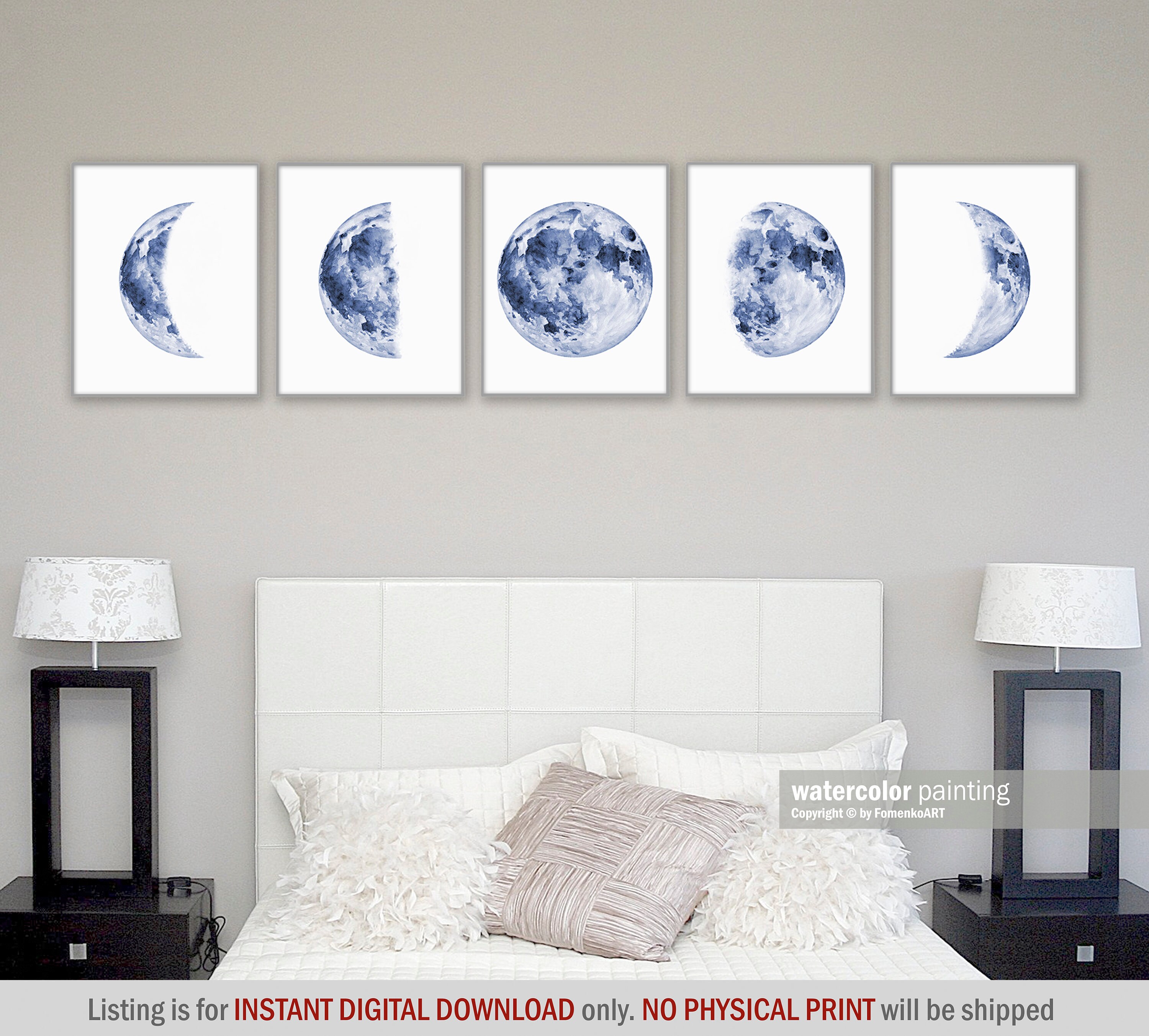 Blue moon print Printable wall art set of 5 prints Dinning | Etsy