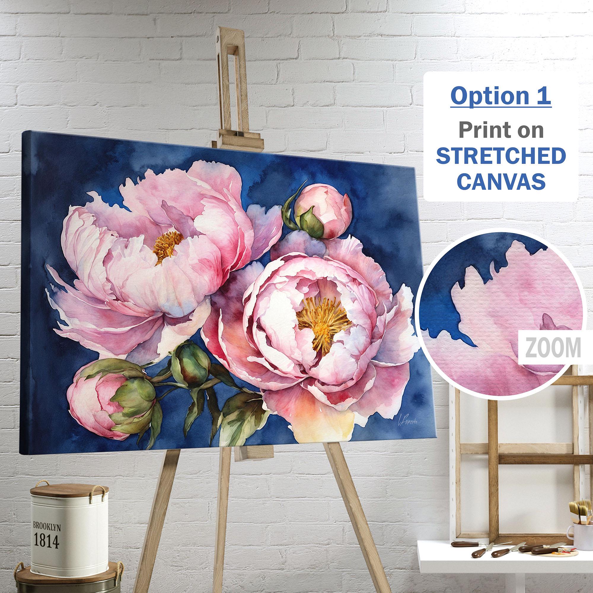 Watercolor Pink Peonies Wall Art Print, Flower Painting Navy Blue Wall ...