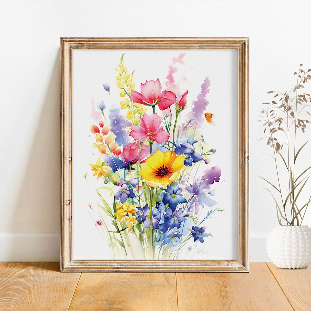 Wildflower Bouquet Colorful Wall Art Prints Watercolor Flowers Painting, Minimalist Boho Floral ...