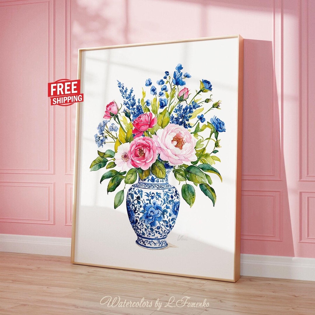 Chinoiserie Wall Art Print Chinese Blue Vase & Pink Peonies, Preppy ...