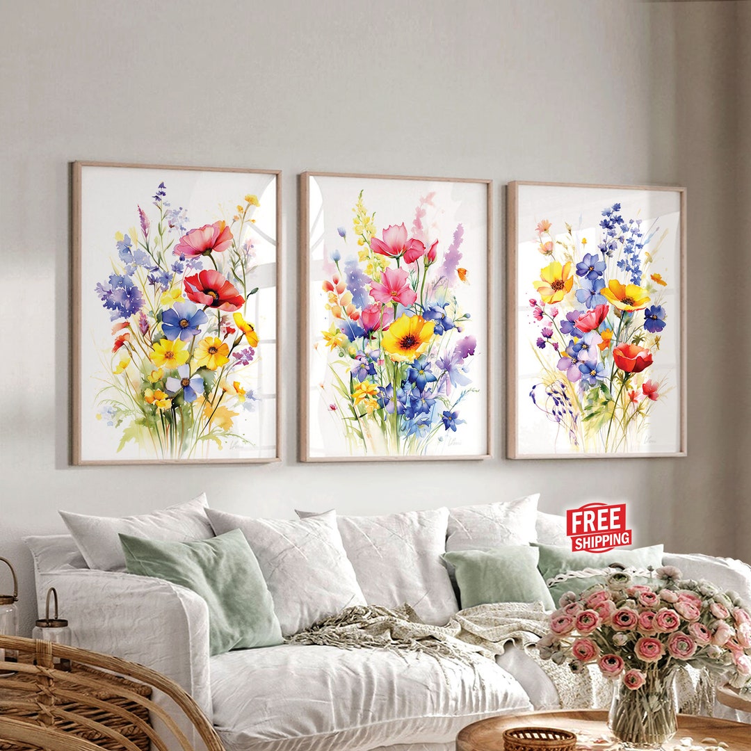 Set of 3 Colorful Watercolor Flowers Wall Art Prints, Wildflower ...