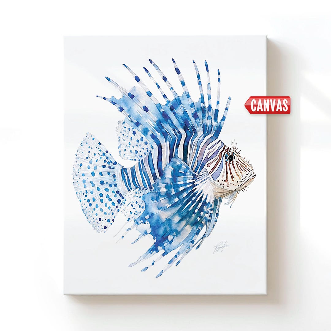 Fish Wall Art Print: Coastal Painting, Lionfish Canvas Artwork, Blue ...