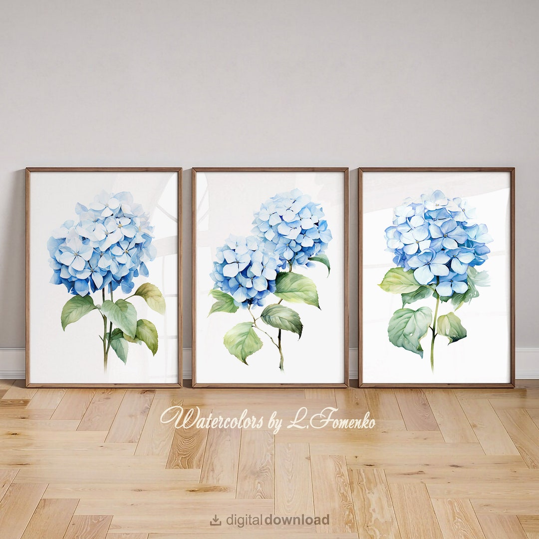 Set of 3 Blue Watercolor Hydrangea Prints Minimalist Colorful - Etsy
