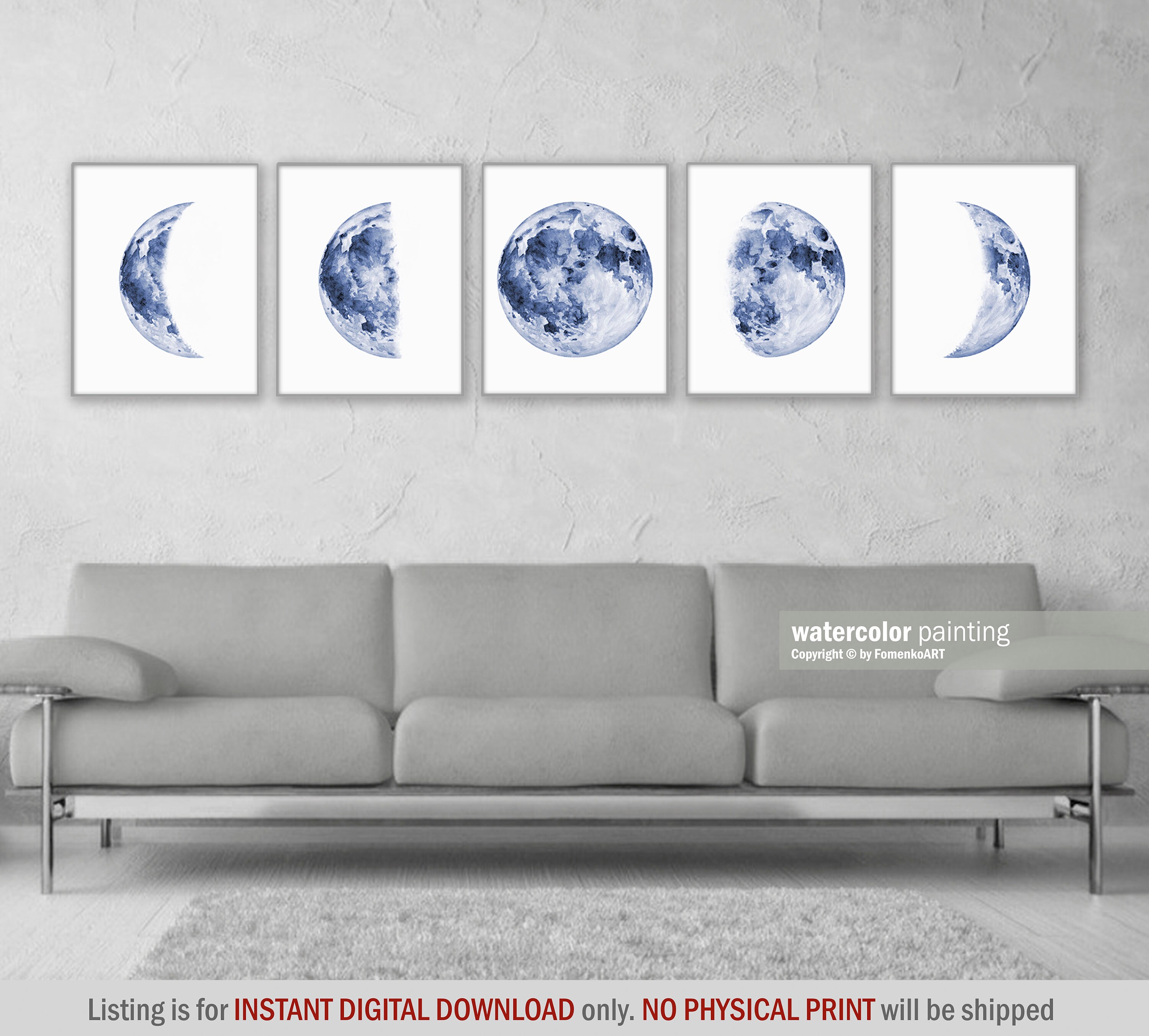 Blue moon print Printable wall art set of 5 prints Dinning | Etsy