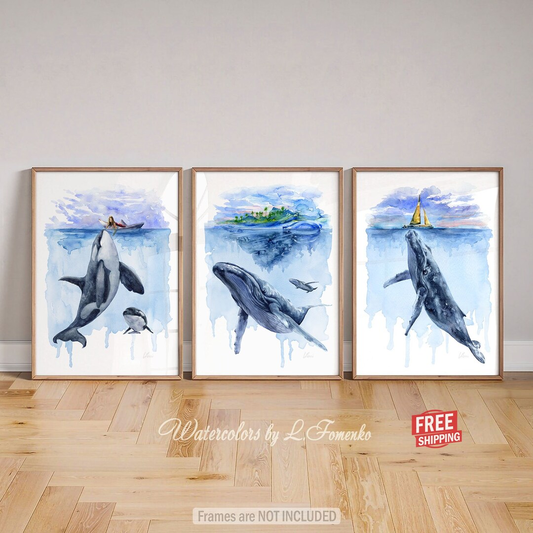 Whale Painting Orca Wall Art Killer Whale Print Set of 3 Nautical Wall ...