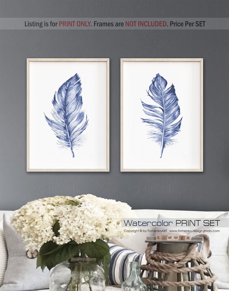 Watercolor Feather print set of 2 Blue Feather art Large Wall | Etsy