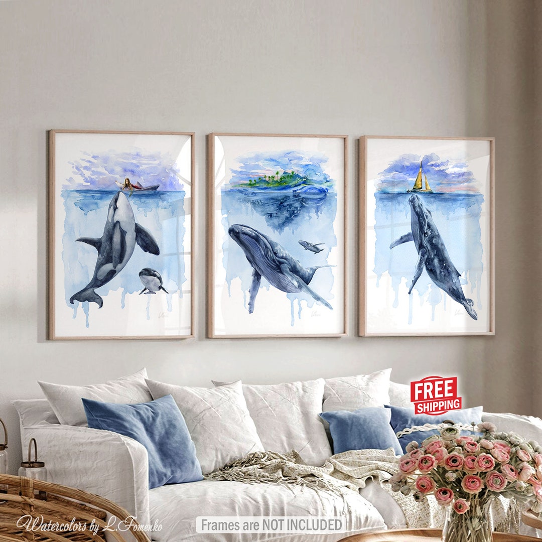 Whale Painting Orca Wall Art Killer Whale Print Set of 3 Nautical Wall ...
