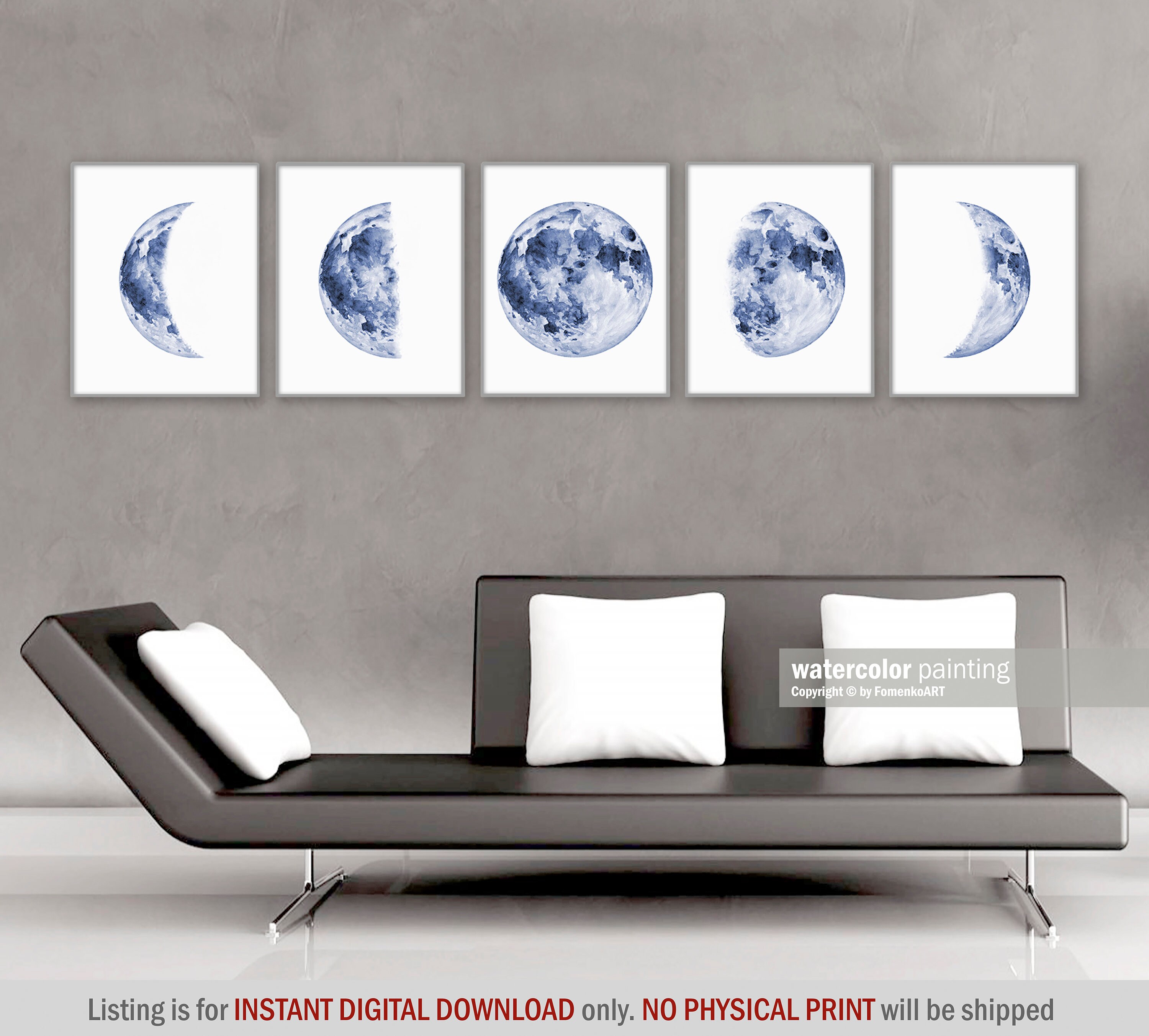 Blue moon print Printable wall art set of 5 prints Dinning | Etsy