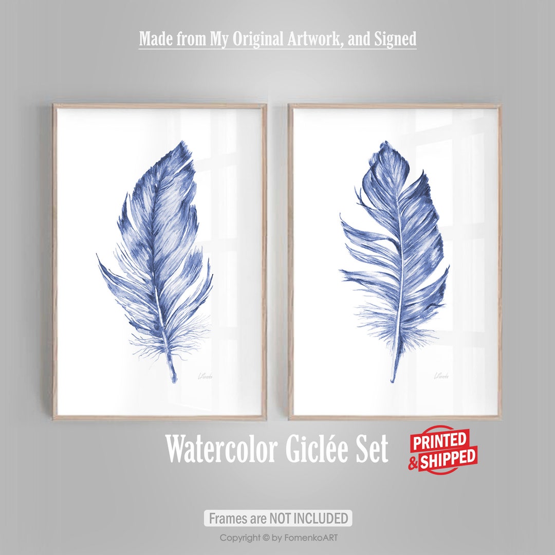 Watercolor Feather Print Set of 2 Blue Feather Art Large Wall - Etsy