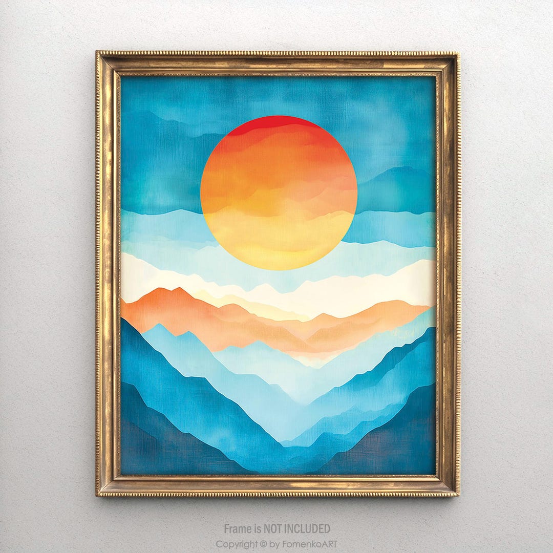 Mid Century Modern Sun Wall Art Print, Oil Painting Blue Abstract Decor ...