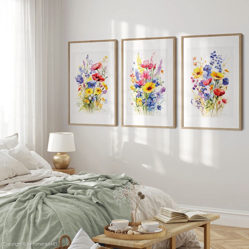 Set of 3 Colorful Watercolor Flowers Wall Art Prints, Wildflower ...
