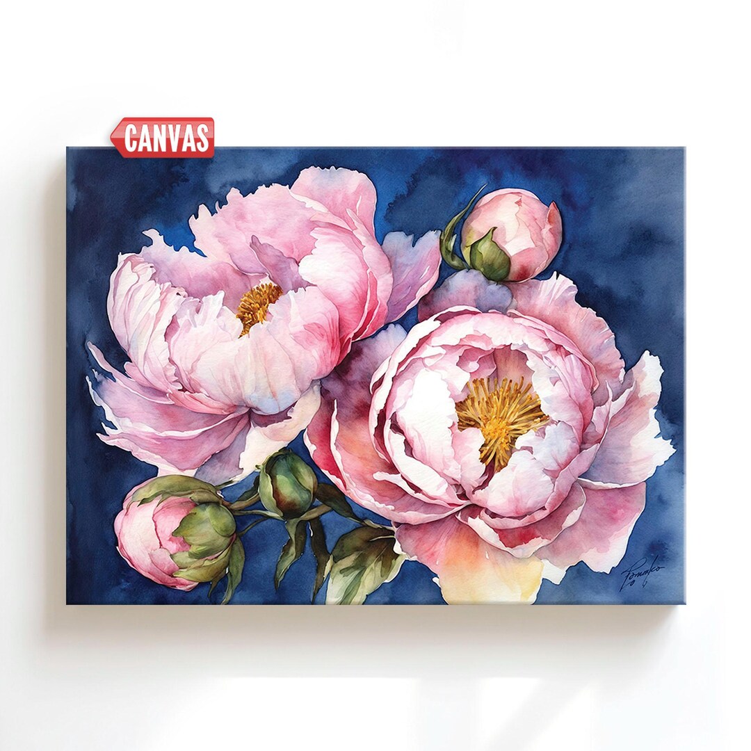 Watercolor Pink Peonies Wall Art Print, Flower Painting Navy Blue Wall ...