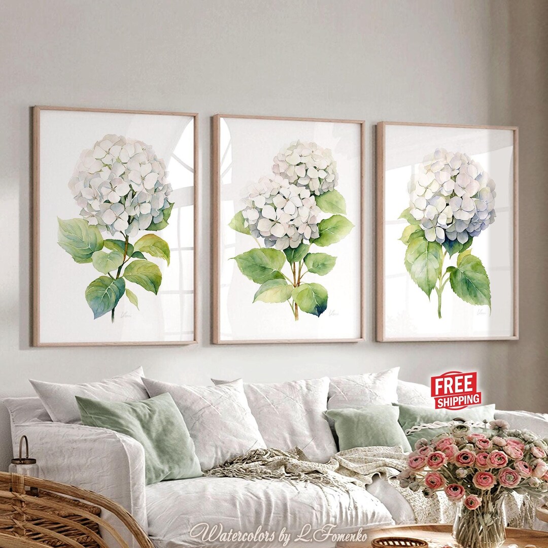 White Wall Art Hydrangea Prints Bedroom Wall Decor Living Room Home ...