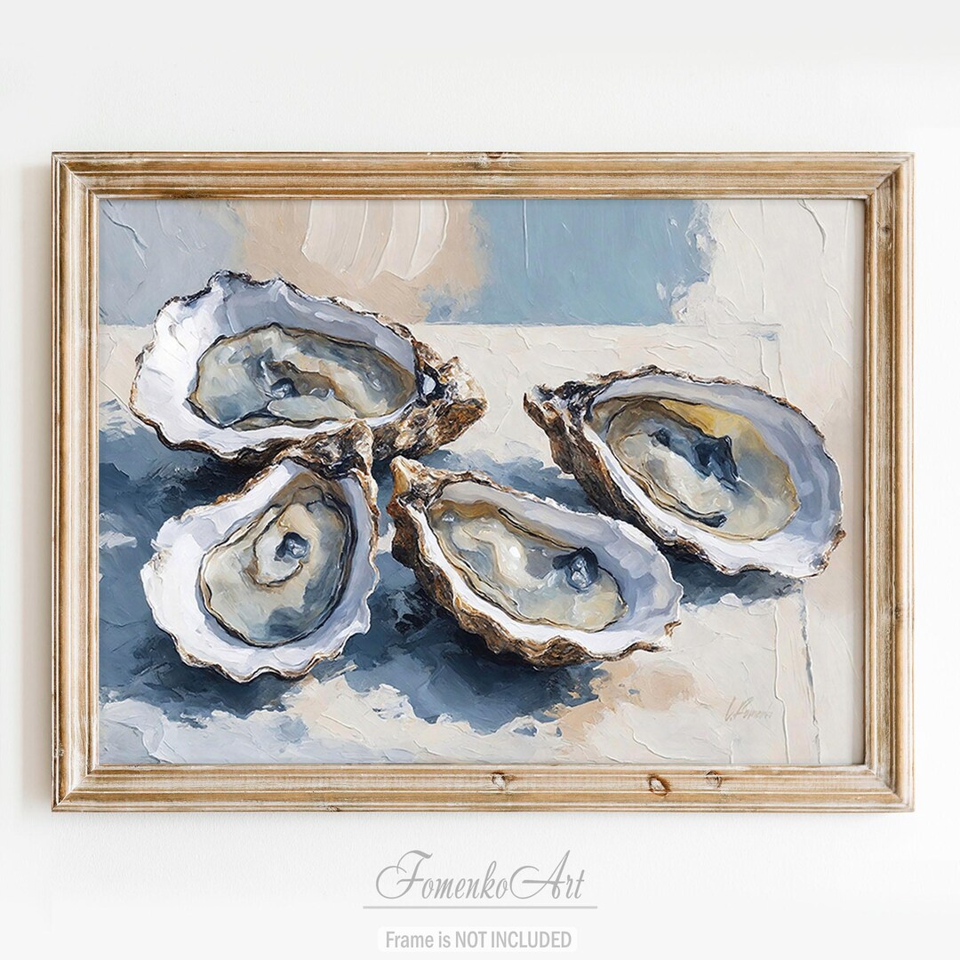 Oyster Shell Wall Art Print - Coastal Beach House Decor, Sea Oil Painting, Nautical Gift for ...