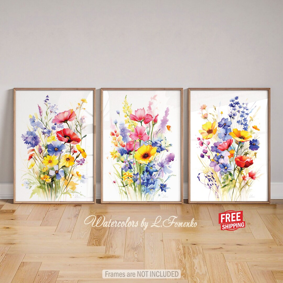 Set of 3 Colorful Watercolor Flowers Wall Art Prints - Etsy