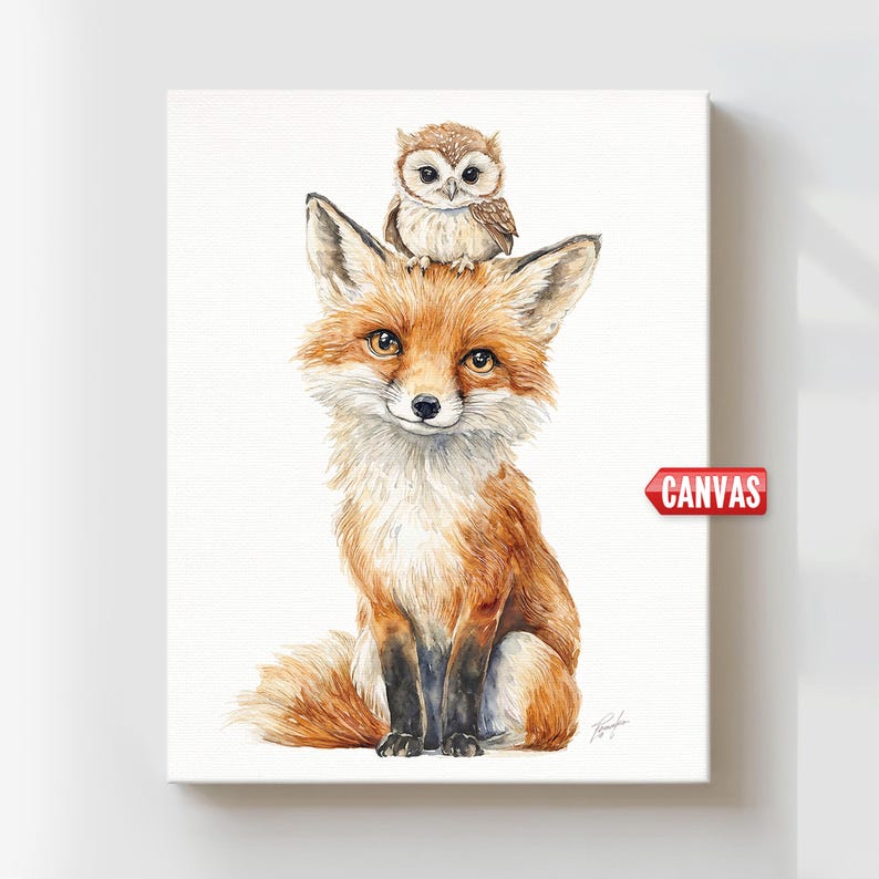 Fox Painting Owl Wall Art Nursery Print, Animal Illustration Baby Girl ...