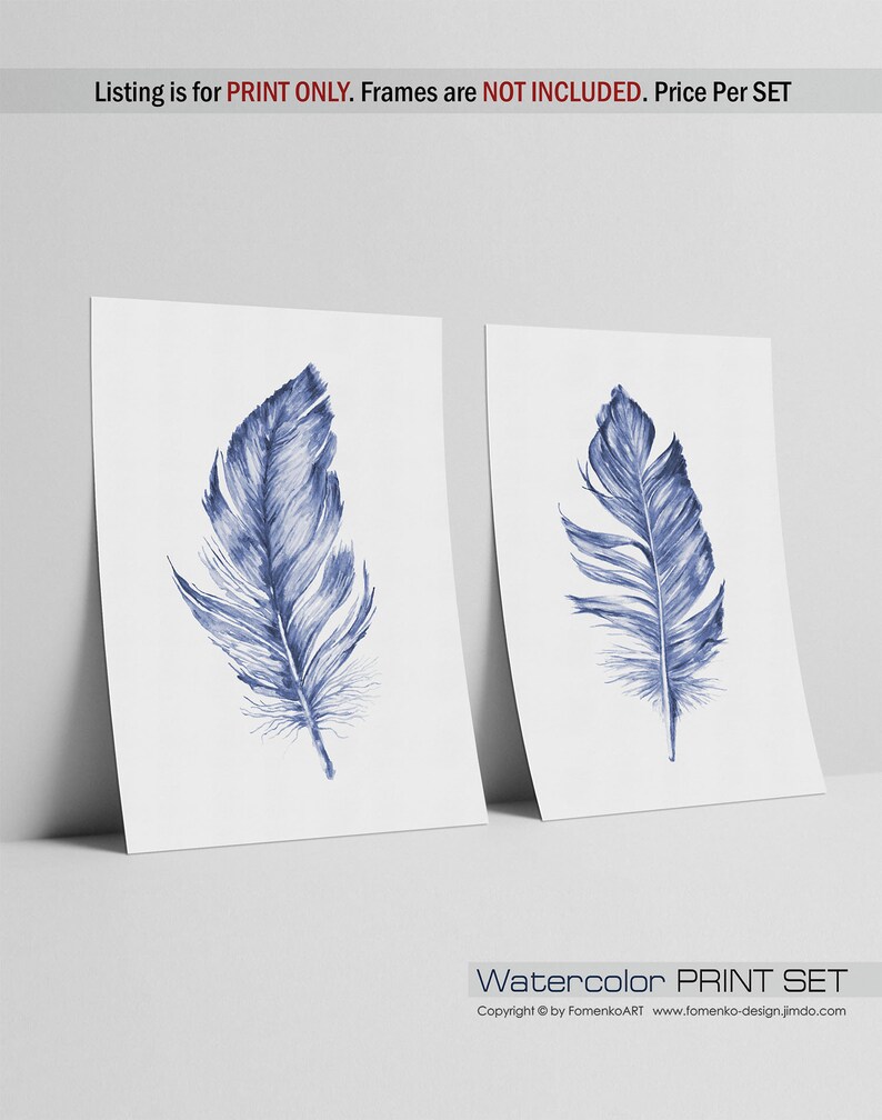 Watercolor Feather print set of 2 Blue Feather art Large Wall | Etsy