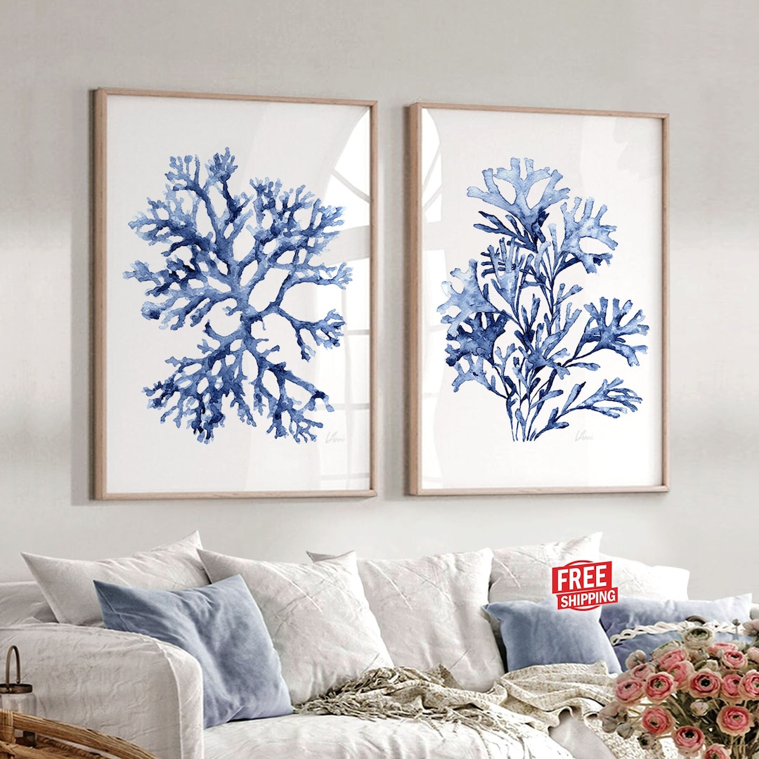 Navy Blue Corals Coastal Wall Art Set of 2 Prints, Seaweed Watercolor ...